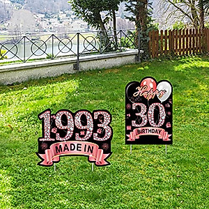2Pcs Rose Gold 30th Birthday Yard Sign Decorations for Girls, Happy 30th Birthday Made in 1993 Lawn Sign Party Supplies, Thirty Year Old Birthday Outdoor Yard Decor with Stakes