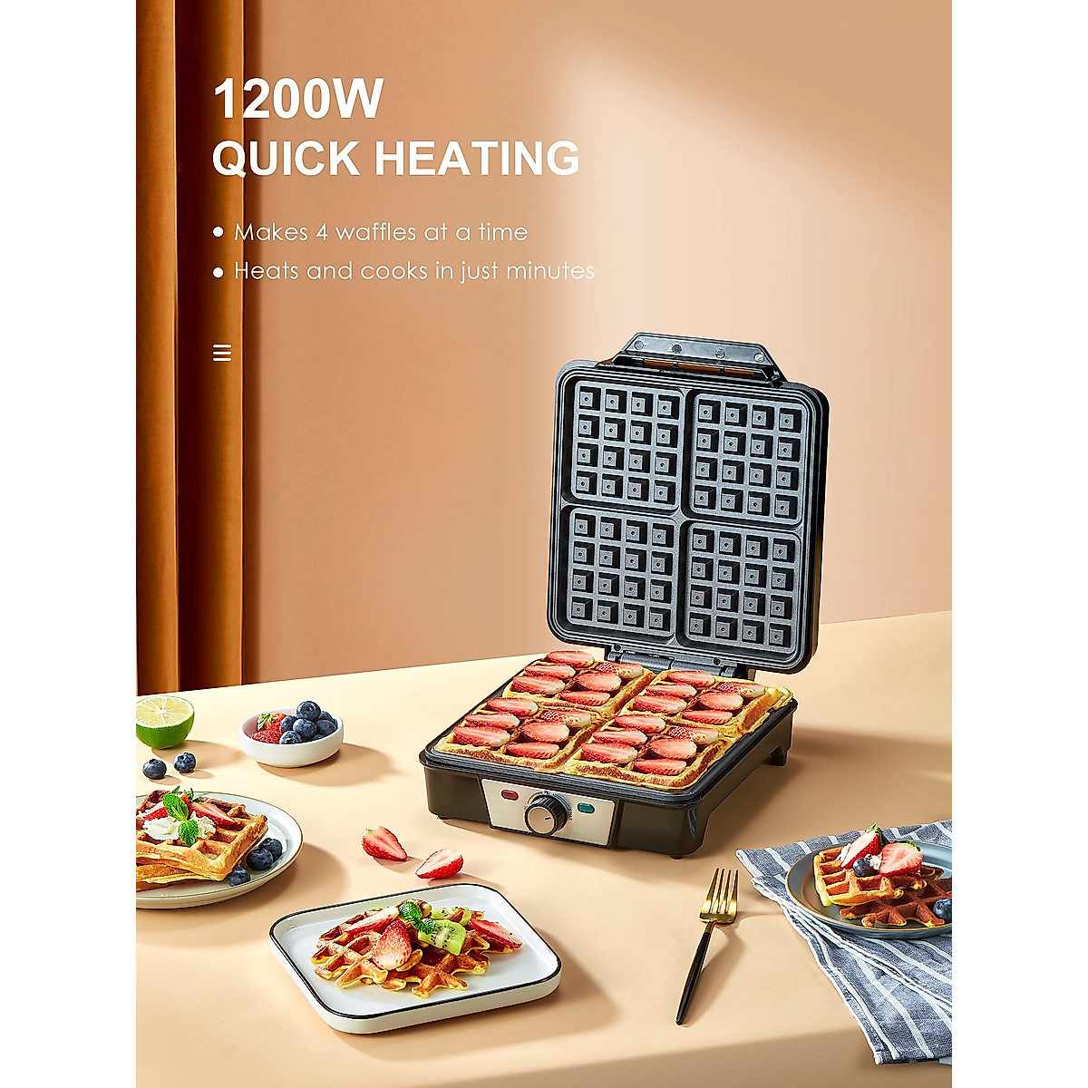 Belgian Waffle Maker 4 Slices, 1200W Waffle Iron, Anti-Overflow Waffle Iron with Browning Knob, Nonstick Plates, Indicator Lights, Silver/Black