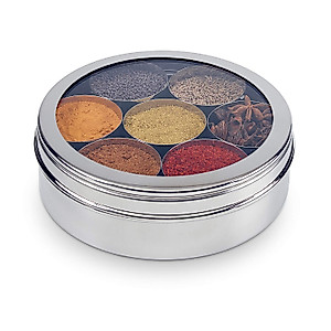 WhopperIndia Stainless Steel Spice box 7 compartments With Clear Screen & Clear Lid With Spoon and Airtight Lid