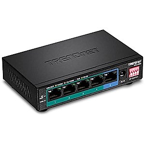 TRENDnet 5-Port Gigabit Long Range PoE+ Switch, 4 x Gigabit PoE+ Ports, 1 x Gigabit Port, 32W PoE Budget, 10Gbps Switching Capacity, Extends PoE+ 200m (656 ft), Lifetime Protection, Black, TPE-LG50