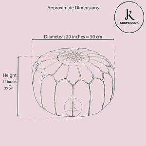 KESHMARK Luxury Handcrafted Moroccan Leather Pouf - Boho Chic Ottoman Seat & Footstool for Living Room Decor - Foot Rest - Round Ottoman (Light Tan with Brown Thread, Cover)