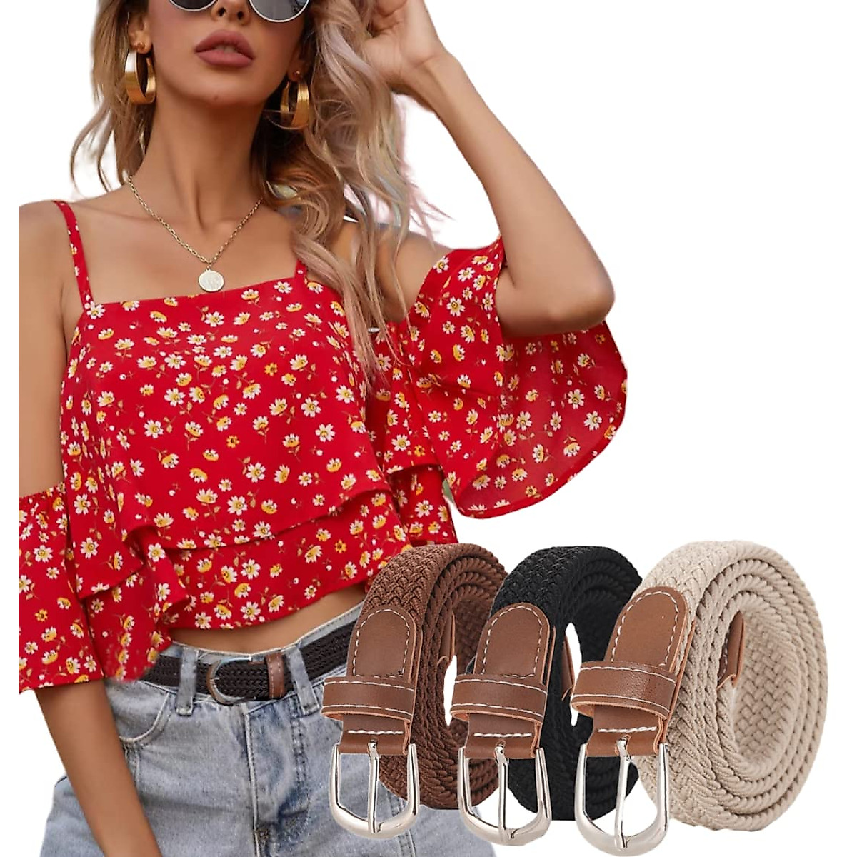 3 pcs Elastic Stretch Woven Belt with Classical Colors for Jeans Braided Belt for Golf Casual Pants (Classical Buckle)