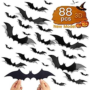 Bats Wall Decor, 88 Pcs DIY 3D Bats Halloween Decorations, 4 Different Sizes PVC Bat Stickers for Home Decor/Indoor Party Decorations, Double-Sided Adhesive Included
