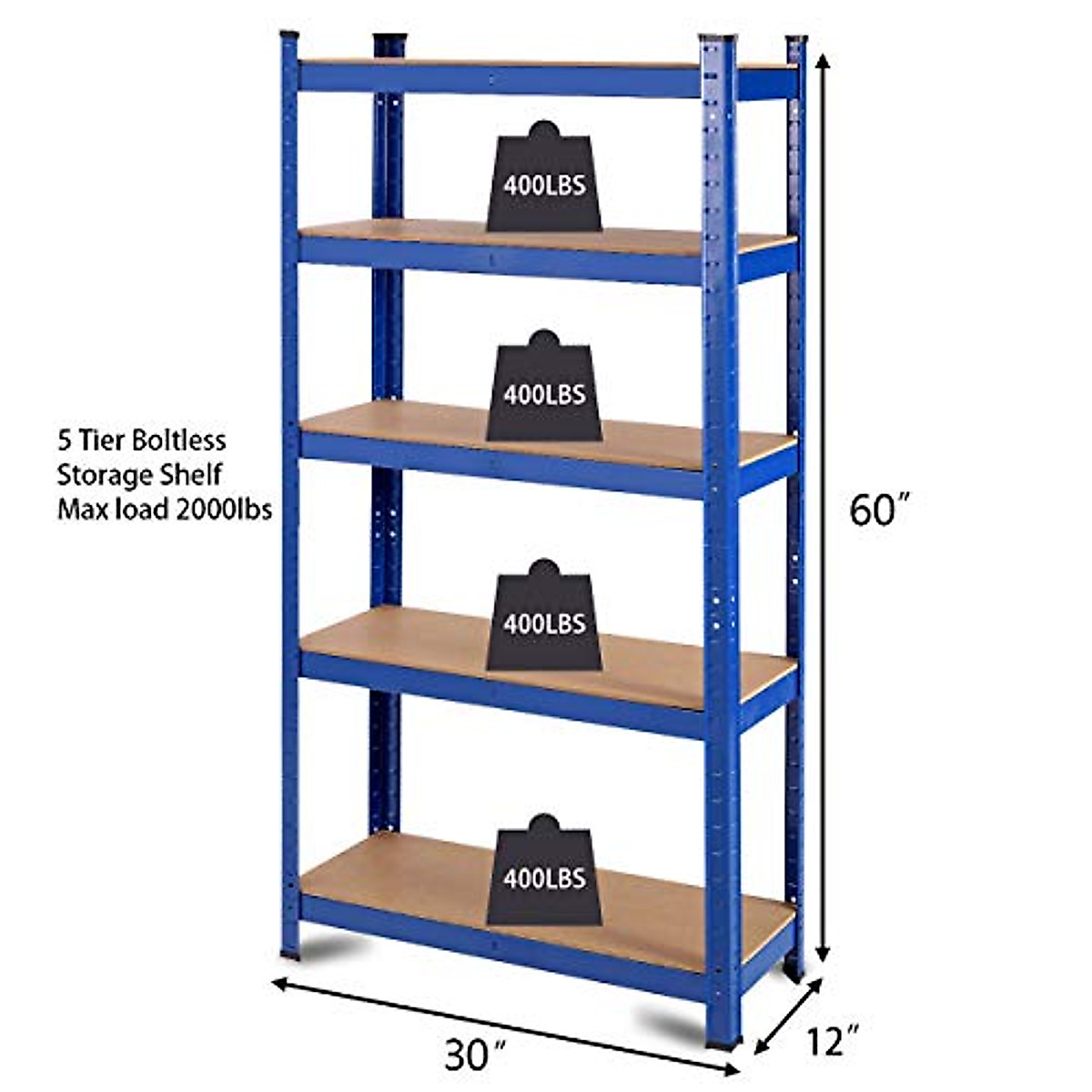 Tangkula Metal Storage Shelves, 60inches Heavy Duty Frame Organizer, 5-Tier Garage Shelf, Multi-Use Storage Shelving Unit, Storage Rack with Adjustable Shelves (30" L×12" W×60" H) (1)