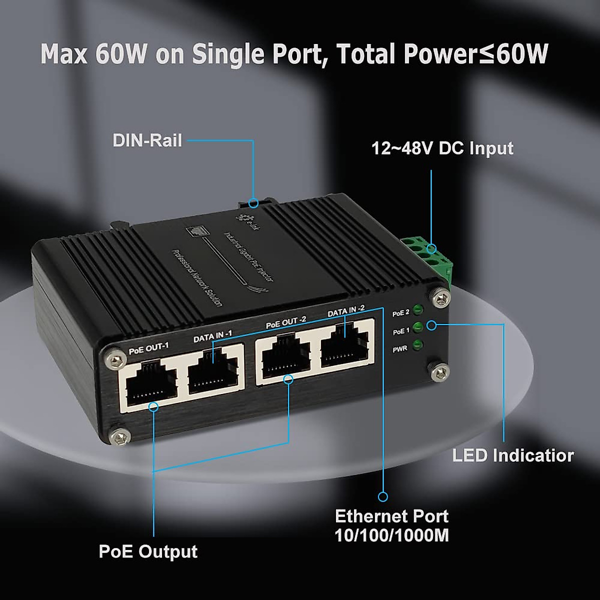 Industrial 2 Ports PoE Injector, Hardened Gigabit 30W PoE+ Injector IEEE802.3 at POE Adapter POE Midspan Max 60W Single Port Power Over Ethernet with 12-48V DC Input DIN Rail Mount