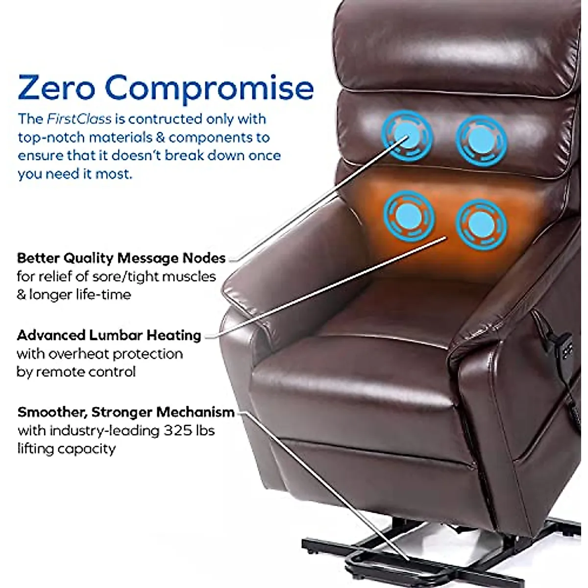 FirstClass™ Sleep-to-Stand Lift Chair 2.0, Sleeper Chair for Sleeping, Relaxation, Lay-Flat Recliner, 2 Motor for Independent Back and Foot Adjust, Recliner Massage Chair with Heat Included, Brown