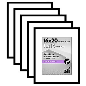 Americanflat 16x20 Picture Frame with Polished Plexiglass - Set of 5 - Use as 11x14 Frame with Mat or 16x20 Frame Without Mat - Galleria Collection - Gallery Wall Frame Set for Wall Display - Black