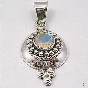 SilverStarJewel 925 Solid Silver Rainbow Moonstone Necklace Pendant 1.4" New Jewelry