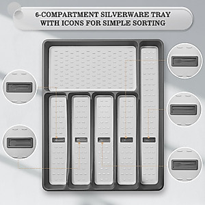 24-Piece Silverware Set with Organizer，Heavy Duty Stainless Steel Flatware Cutlery Tableware Set for 4，Includes 6-Compartment Silverware Tray with Cutlery Icons，Silverware Set with Steak Knives