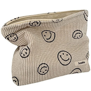 Liberty Goddess Cosmetic Bags for Women - Corduroy Cosmetic Bag Aesthetic Women Handbags Purses Smile Dots Makeup Organizer Storage Makeup Bag Womens Bags (Smile Beige)