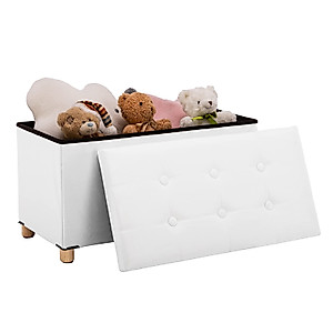 YOUDENOVA 30 Inches Folding Storage Ottoman Bench, Velvet Storage Chest, Footrest Couch with Wooden Legs, Support 350lbs for Bedroom, Living Room, Hallway, White
