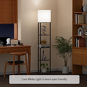 Meisoda 5-Tier 68.5 inch LED Floor Lamp with Wood Shelves and Linen Shade - 3 Color Temperatures, Dimmable, for Living Room, Bedroom, Office