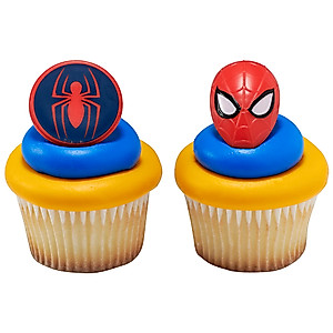 DecoPac Marvel's Spider-Man™ Spider and Mask Rings, Spider-Man Cupcake Decorations, Red and Blue Food Safe Cake Toppers – 24 Pack