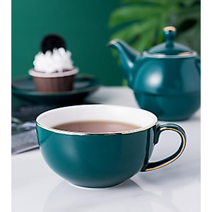 Jusalpha Dark Turquoise Green Fine China 16 OZ Teapot- Tea cup- Saucer Set, Tea-for-One set #08