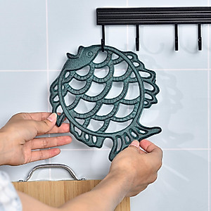 Sungmor Cast Iron Cute Fish Trivet for Wood Stove - Dia-7.5 Inch Dark Green Finish - Rustproof Round Stands for Hot Pots/Dishes/Pans - Decorative Metal Table Trivet for Kitchen Cooking