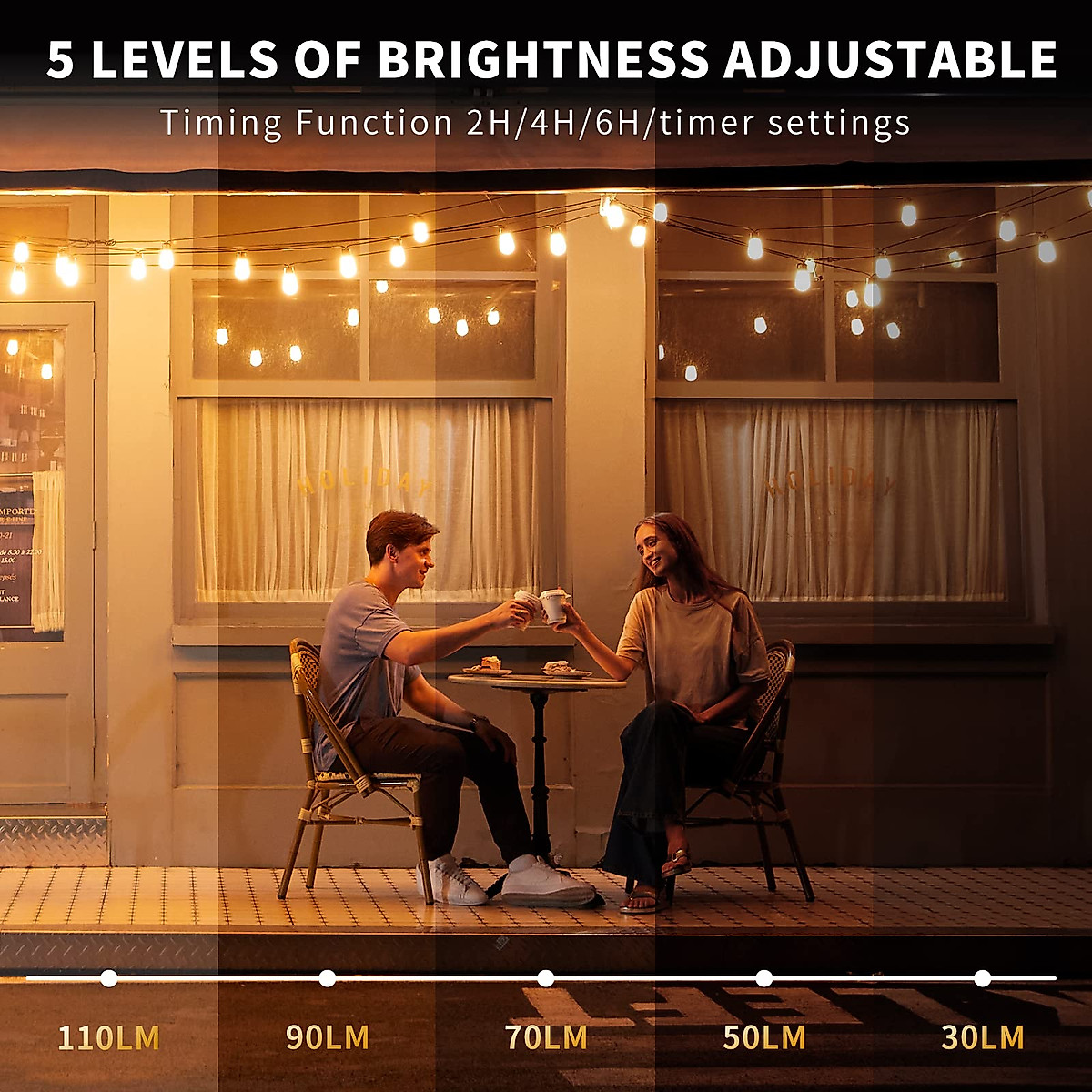 Famiatm 49 FT Outdoor String Lights, Shatterproof Remote Patio Lights with 7 Dimmable Warm Yellow LED Bulbs, IP65 Waterproof Outdoor LED Lights for Backyard Porch Cafe Party Wedding Garden