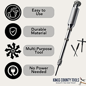 Kings County Tools Classic Yankee Style Push Drill | 8 Double Fluted Bits Included | Chrome Plated Solid Brass Material | No Chuck Necessary | Ideal for Tight Areas