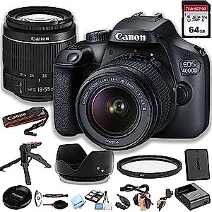 Canon 4000D(EOS Rebel T100) DSLR Camera w/EF-S 18-55mm F/3.5-5.6 Zoom Lens + 64GB Memory Card, Hood, Grip-Pod, Filter, Professional Photo Bundle(22pc) (Renewed)