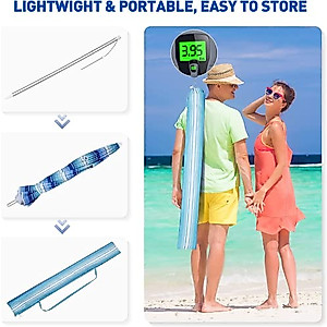 Beach Umbrella for Sand Wind Portable: 7FT Arc Length 6.5FT Diameter Heavy Duty Wind Resistant Striped Large Umbrellas UV 50+ Parasol with Anchor Screw Adjustable Height Tilting Pole 8 Ribs Carry Bag Lightweight