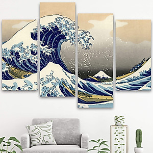SIGNLEADER 4 Panel Large Japanese The Great Wave Landscape Canvas Wall Art for Living Room Bedroom Home Office Wall Decor - 48"x35.75"