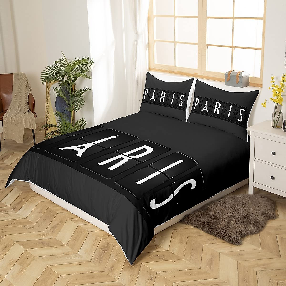 Feelyou Paris Duvet Cover Set France Eiffel Tower Bedding Set Decorative Chic Paris Theme Comforter Cover Paris Cityscape Bedspread Cover Queen Size Microfiber, No Comforter,Modern Black and White