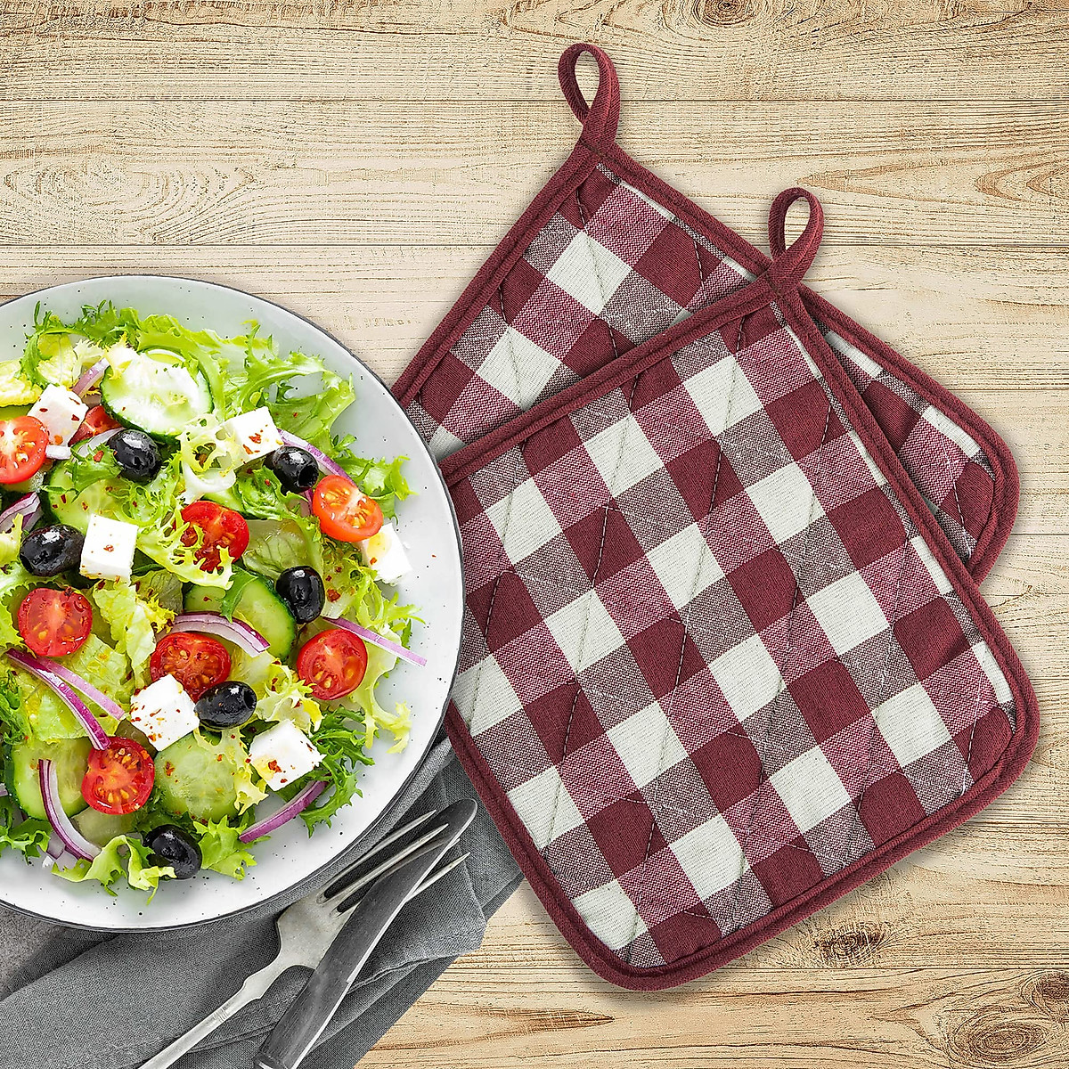 Buffalo Check Pot Holders, 2 Pack, Burgundy - 8" x 18" - Quilted Trivet Pot Holders are Heat Resistant, Machine Washable & Stain Repellant - Non-Slip for Pots & Pans by Achim Home Decor