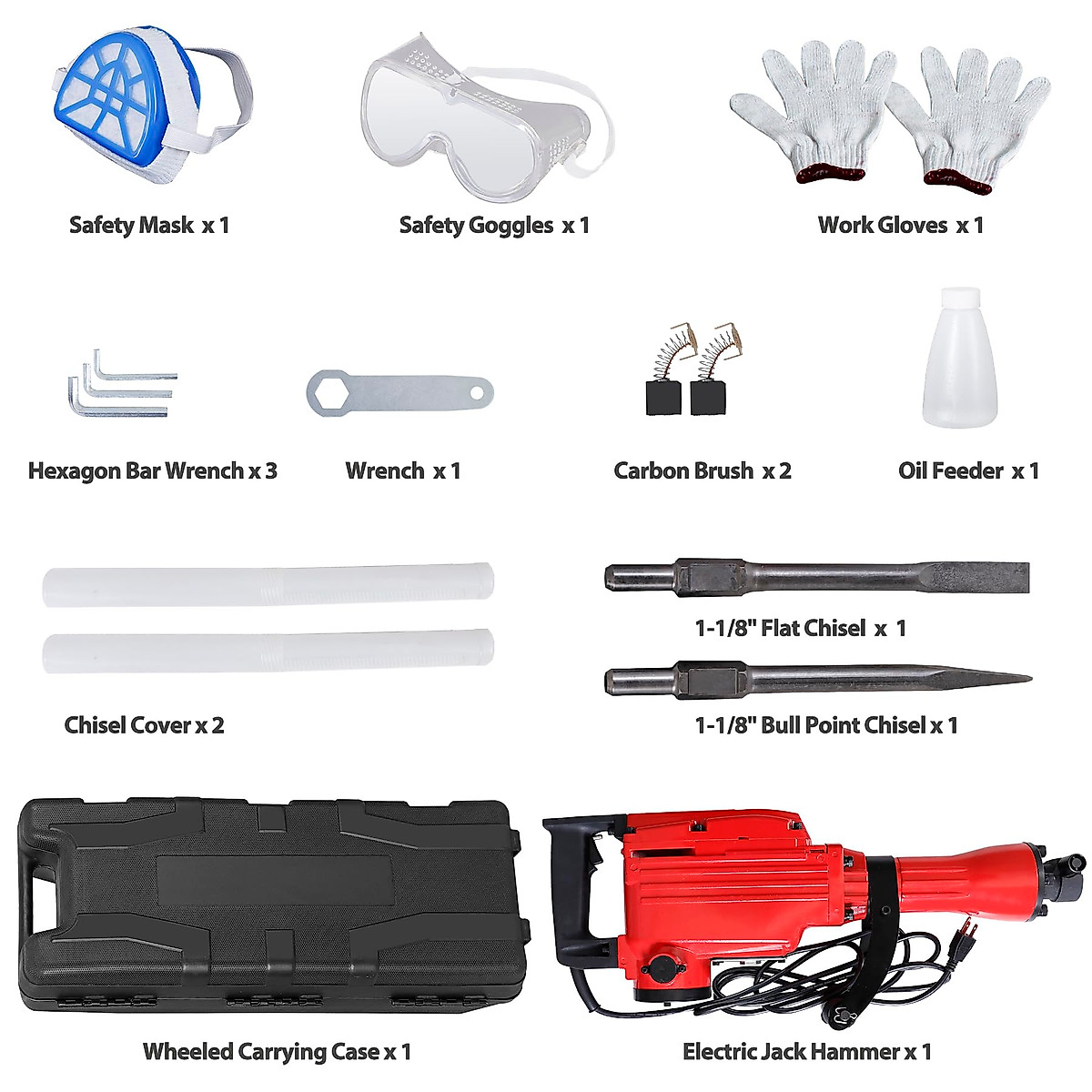 ZENY 2200W Heavy Duty Electric Demolition Jack Hammer Concrete Breaker Drills w/Case, Gloves 2 Chisel 2 Punch Bit Set