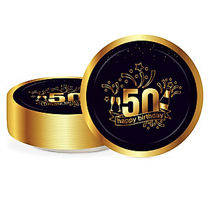 24 Pcs 7" 50th Birthday Paper Plates 50th Birthday Black Gold Party Supplies Disposable Paper Dessert Plates for Men Women Anniversary Birthday Party Decorations