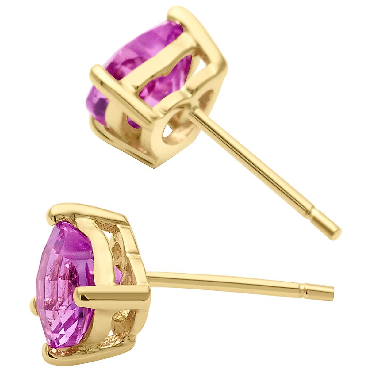 Peora 14K Yellow Gold Created Pink Sapphire Heart Stud Earrings for Women, Hypoallergenic Solitaire Studs, 6mm, 2.25 Carats total, Friction Back