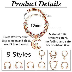 CASSIECA 9Pcs 16G Septum Rings for Women Surgical Steel Septum Jewelry Hinged Nose Rings Hoop CZ Butterfly Horseshoe Cartilage Earrings Hoop Helix Tragus Daith Piercing Jewerly