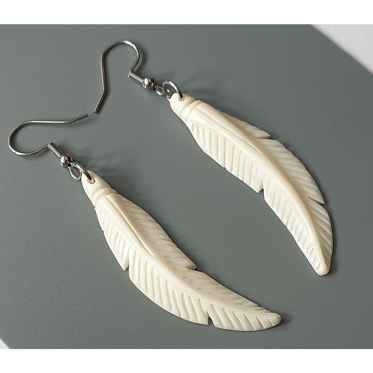 Swimmi 2.4 inch Bone Feather Earrings, Hand Craved Feather Bone Earrings, Handmade Dangle Drop Hook Bone Jewelry FA026