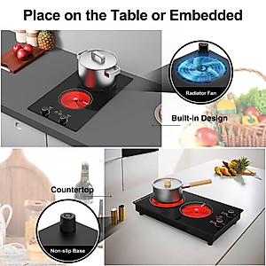 Electric Cooktop,110V 2400W Electric Stove Top with Knob Control, 11 Power Levels, Kids Lock & Timer, Hot Surface Indicator, Overheat Protection,Built-in and Countertop 2 Burner Electric Cooktop