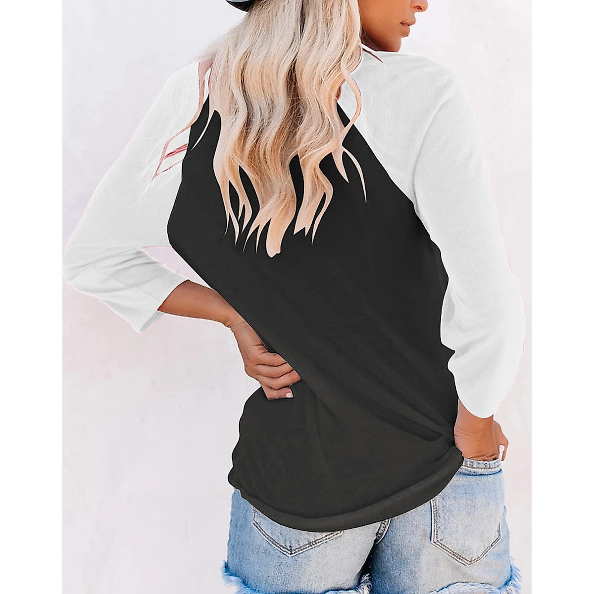 Bingerlily Women's Casual T-Shirts 3/4 Sleeve Color Block Cute Tops Comfy Blouses (Charcoal,Large)