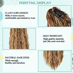 YEAME Wavy Ponytail Extension Claw Clip, 22 Inch Corn Wave Pony Tail Synthetic Brown Mixed Blonde Hair, Long Curly Jaw Ponytail Hair Extainson for Women Girls (Brown Mixed Blonde)