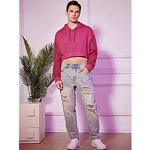 WDIRARA Men's Drawstring Mesh Long Sleeve Hoodie Sweatshirt Pullover Crop Top Hot Pink S