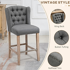 HOMCOM Counter Height Bar Stools Set of 2, 27" Seat Height Upholstered Barstools, Farmhouse Kitchen Island Stools with Nailhead-Trim, Tufted Back and Wooden Legs, Light Gray