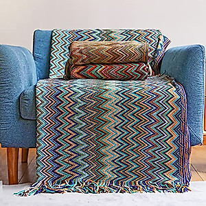 Boho Throw Blankets Outdoor Knitted Tassel Blankets, Super Soft Cozy Lightweight Couch Decorative Bohemian afghans Throw Blankets, Bed, Sofa, Outdoor Throw Blanket - All Seasons (Blue 50x60 Inch)