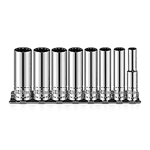 pgroup 1/4 Inch Drive Socket Set - 8 Piece Metric 12-Point Deep Socket Set (6mm, 7mm, 8mm, 9mm, 10mm, 11mm, 12mm, 13mm)- Cr-V Steel with Sturdy Holder - 50BV30