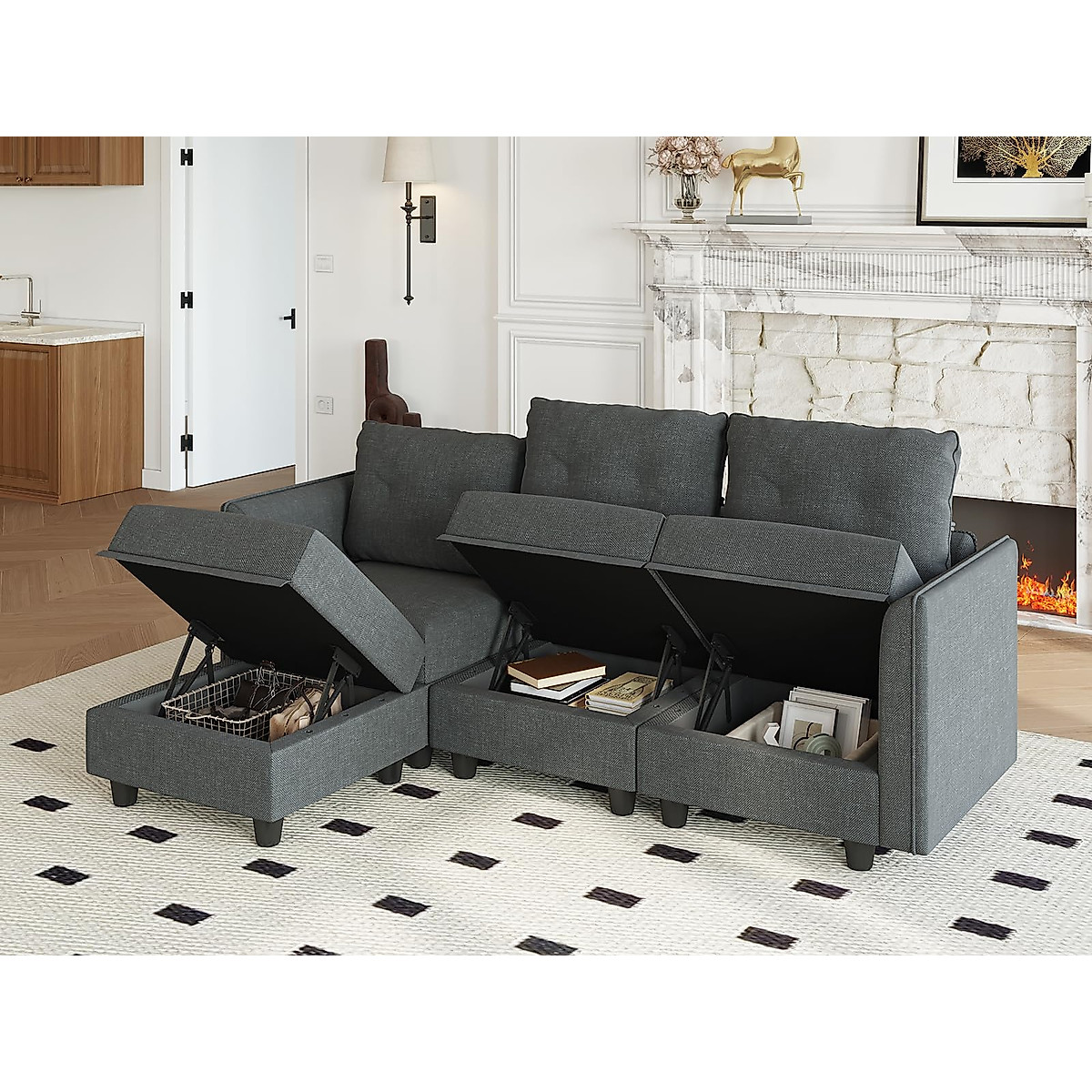 LLappuil Modular Sectional Sofa with Reversible Chaise, L Shaped Sofa with Ottoman, 4 Seater Sectional Corner Couch with Storage, Black