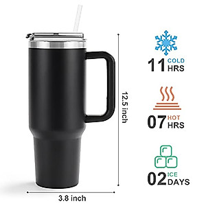 SOOZELEN 40oz Tumbler with Handle & Straw Lid, Insulated Travel Mug, Double Walled Keeps Drinks Cold & Heat for Long Time（Black）