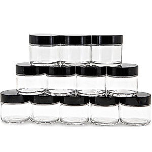 Vivaplex, 12, Clear, 2 oz, Round Glass Jars, with Inner Liners and black Lids