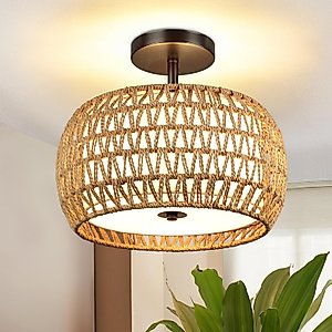 FRIDEKO HOME 3-Light Semi Flush Mount Ceiling Light - Woven Rattan Light Fixtures Ceiling Mount Boho Light Fixture with Fabric Shade Ceiling Light Fixture for Bedroom Kitchen Hallway Dining Room