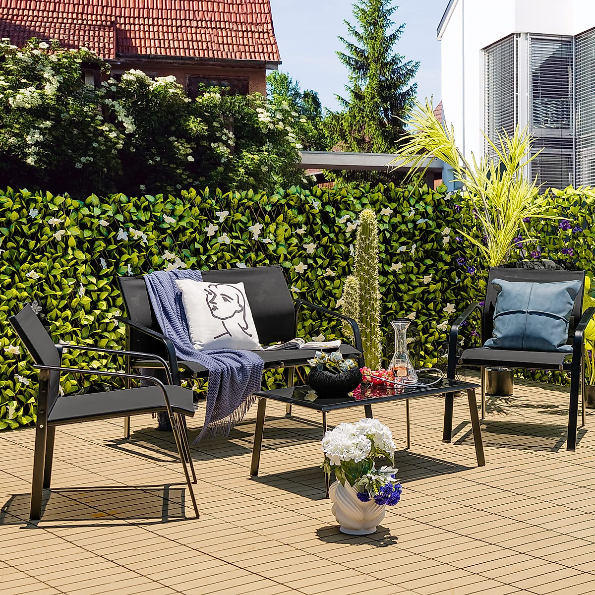 Tangkula 4 Pieces Patio Furniture Set, Outdoor Conversation Set with Tempered Glass Coffee Table, Outdoor Bistro Set with Fabric and Anti-Rust Steel Frame for Garden, Poolside and Backyard (Black)