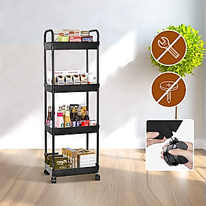 WASJOYE 4-Tier Plastic Rolling Utility Cart with Handle, Black Home Kitchen Office Storage Trolley Cart with Wheels (14 * 8.9 * 45.3 Inch)