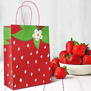 Whaline 24 Pack Strawberry Gift Bags with Handles Red Pink Paper Goody Bags for Party Berry Sweet Birthday Baby Shower Decoration