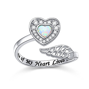 925 Sterling Silver Angel Wing Ring for Women Memorial Jewelry Engraved A Piece of My Heart Lives in Heaven Wrap Open Ring Lap Opal Heart Rings Adjustable Size 8