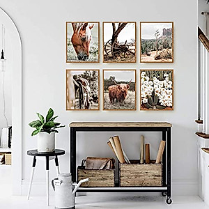 Nature Western Highland Cow Wall Art Prints Set of 6 Country Pictures Canvas Decor Horse Cactus Desert Boho Neutral Southwest Poster for Farmhouse Bedroom Home Room Wall Decor (8"x10" UNFRAMED)