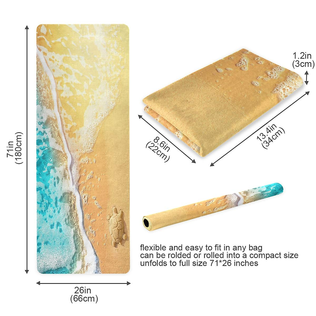 AGONA Golden Beach Turtle Yoga Mat Thick Non Slip Exercise Mat Portable Travel Yoga Mat Folding Fitness Workout Mat for Yoga Pilates Home Floor Exercises Children Playtime