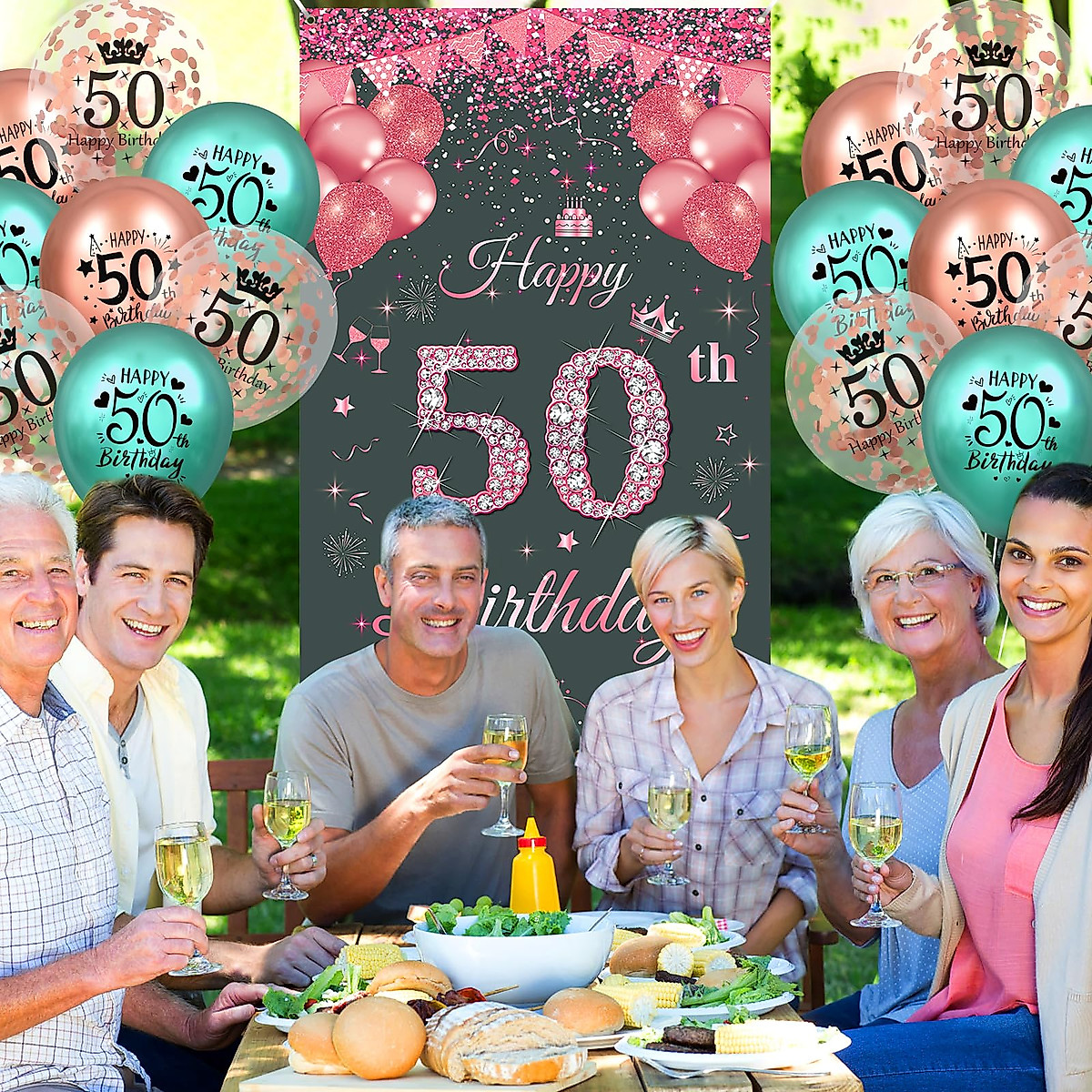 50th Birthday Party Decorations for Women Rose Gold Green Happy 50th Birthday Door Banner and 18 Pcs 50th Birthday Balloons for Women Men 50th Birthday 50 Years Anniversary Party Supplies