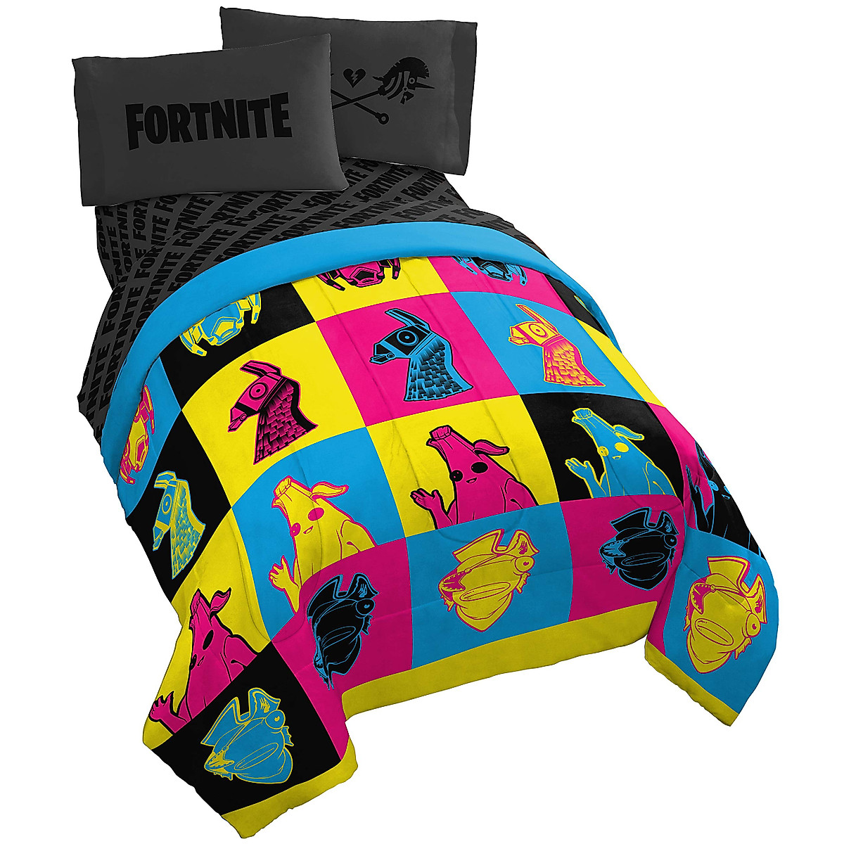 Jay Franco Fortnite Neon Warhol 5 Piece Full Bed Set - includes Comforter & Sheet Set - Bedding Features Llama, Peely, & Vertex - Super Soft Fade Resistant Microfiber (Official Fortnite Product)